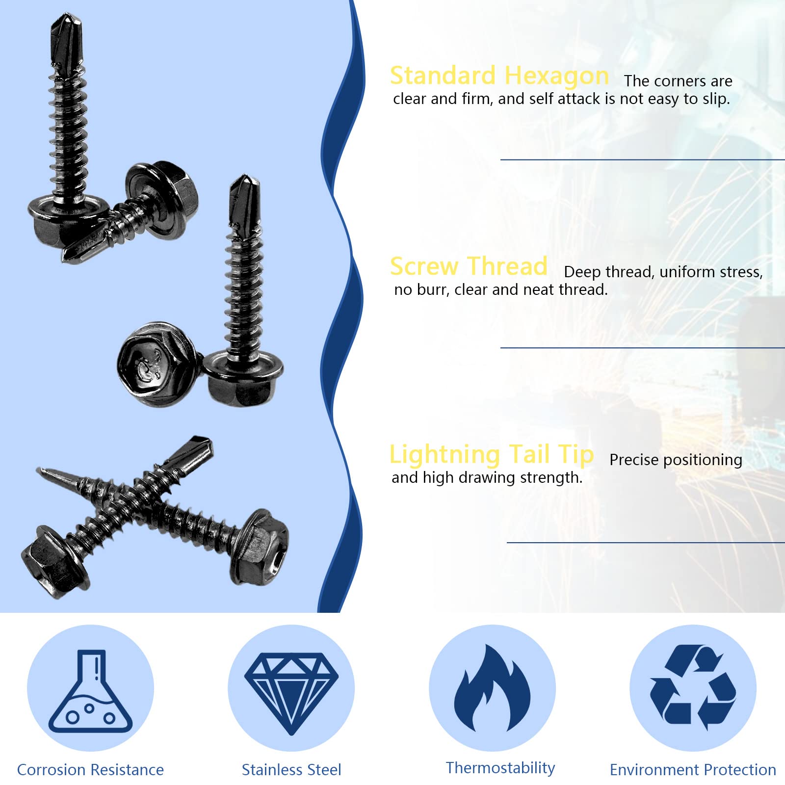Glarks 165Pcs 410 Stainless Steel #12 Hex Washer Head Self Drilling Screws Assortment Kit 6 Size Black #12x5/8, #12x3/4, #12x1, #12x1-1/4, #12x1-1/2, #12x2 Sheet Metal Screws with Drill Point
