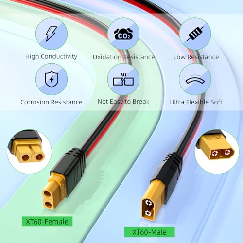 Bateria Power XT60 Extension Cable 10FT, XT60 Female to Male Connector Adapter, 12AWG Solar XT60 Extension Wire for Solar Panel RV to Portable Power Station Solar Generator RC Battery