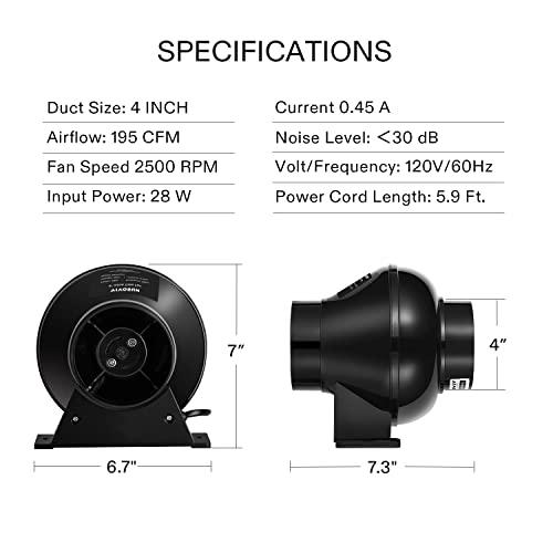 VIVOSUN D4 4 Inch 195 CFM Inline Duct Ventilation Fan HVAC Vent Blower for Hydroponics Grow Tent