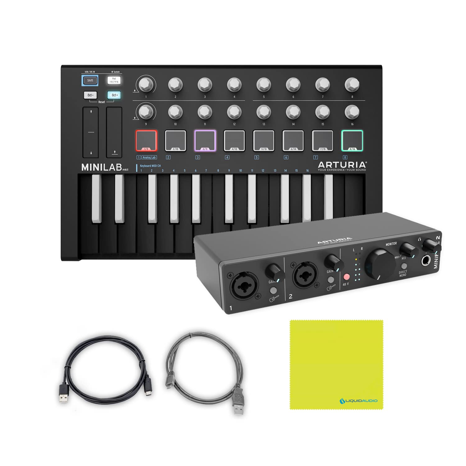 Arturia MiniLab MKII MIDI Keyboard Bundled with Arturia Minifuse 2 USB Audio Interface, 2 USB Cables & Polishing Cloth- MIDI Interface Music Recording Equipment, Software Included (BLACK MIDI)