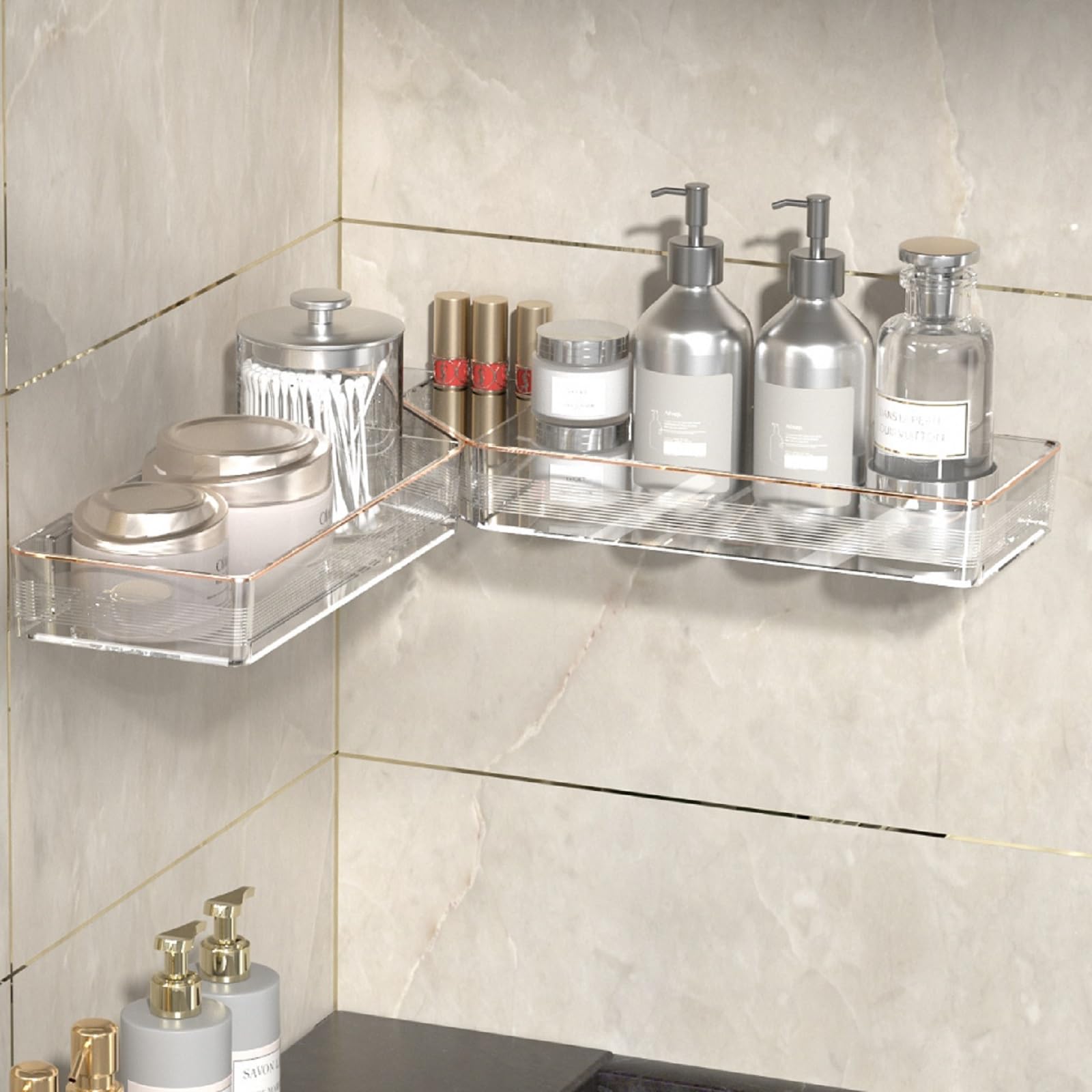 Hsiohe Clear Corner Adhesive Shower Caddy, Acrylic Wall Mounted Shower Shelf for Kitchen & Bathroom, No Drilling Shower Rack, Acrylic Bathroom Shelves with Self Adhesive Tape