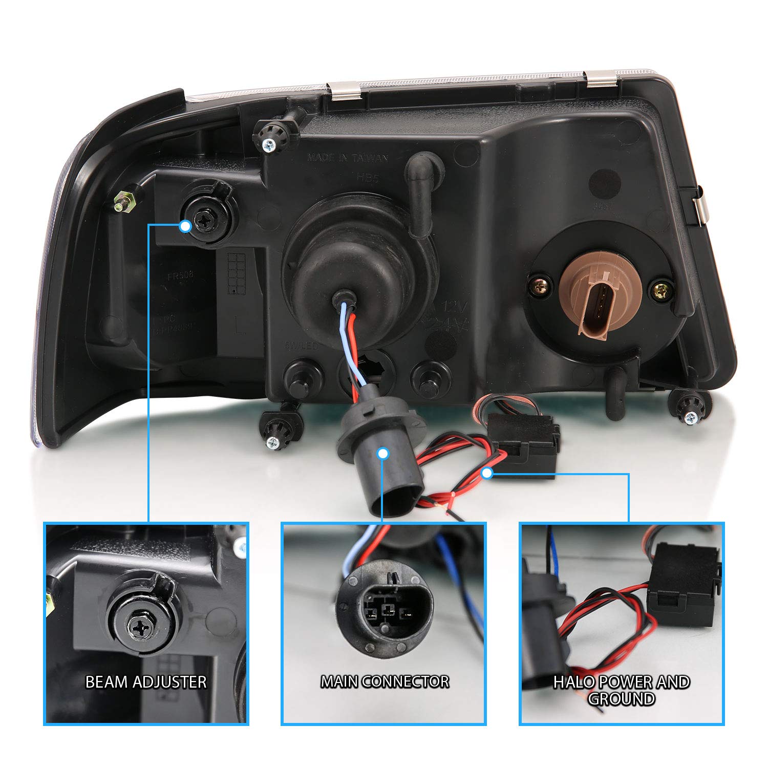 AmeriLite 1pc Black Replacement Headlights Corner Dual LED Halo Set For 01-11 Ford Ranger - Passenger and Driver Side