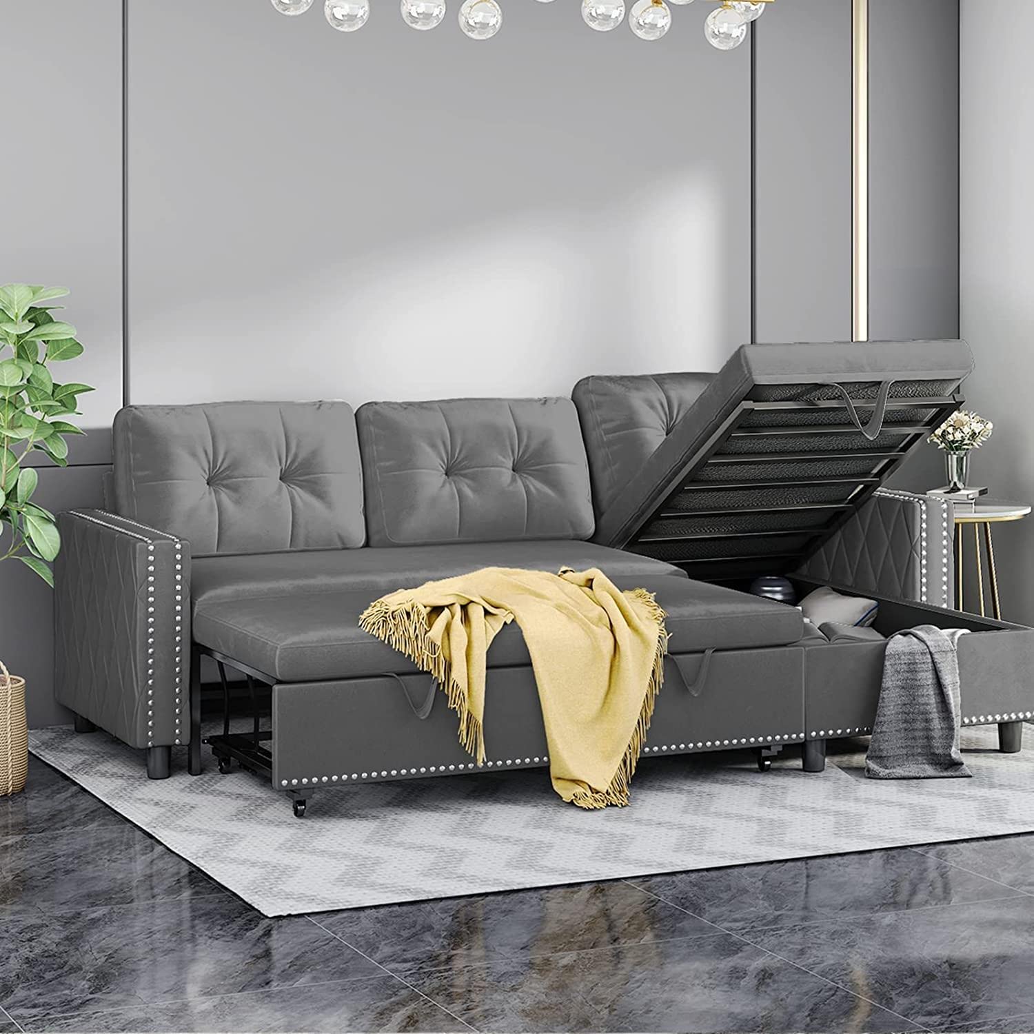 Mjkone 3 Seat L-Shape Sectional Sofa Couch with Pull Out Bed and Reversible Storage Chaise, Modern 83 Inch Sleeper Sofa with Breathable Velvet Fabric and Nailhead Trim for Living Room, Dark Gray