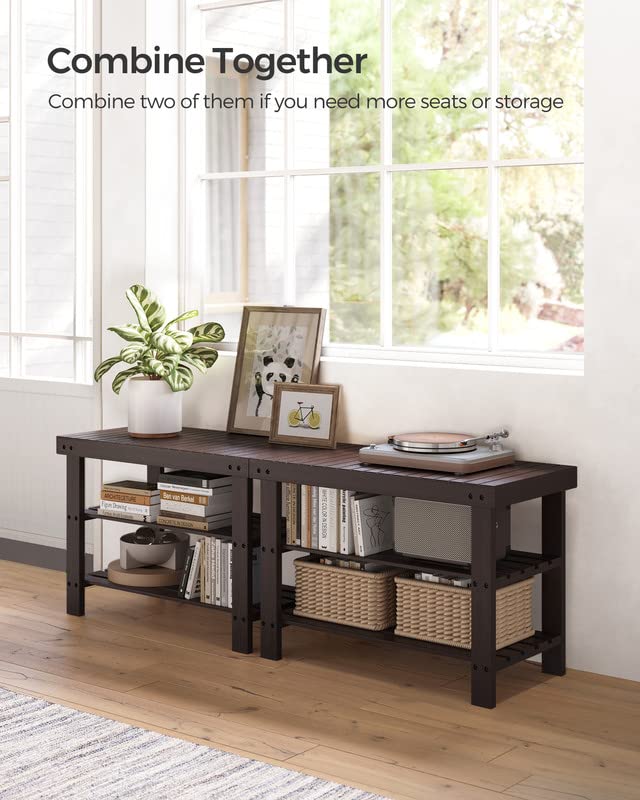 SONGMICS Shoe Rack Bench, 3-Tier Bamboo Shoe Storage Organizer, Entryway Bench, Holds Up to 286 lb, for Entryway Bathroom Bedroom, Brown ULBS04Z