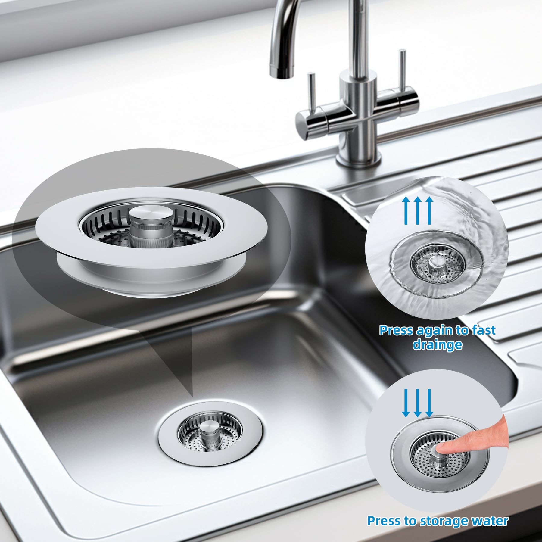 Hibbent All Metal Stainless Steel 3 in 1 Kitchen Sink Drain Strainer, Upgraded Anti-Rust Sink Stop Combo, Anti-Clogging Stainless Steel Basket Strainer with Metal Handle for US Standard 3-1/2" Drain