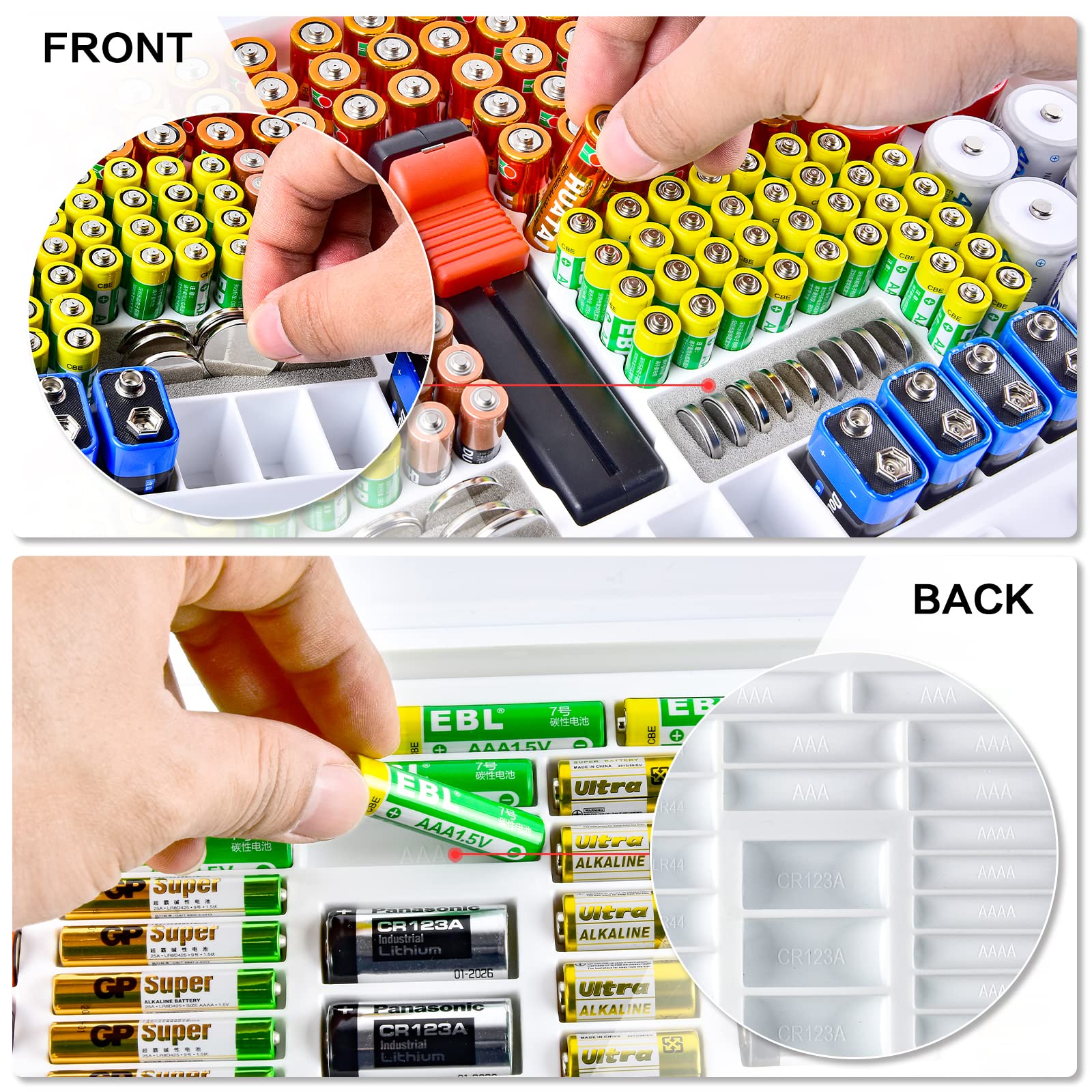 Battery Organizer Storage Holder Case with Double-Sided, Garage Box with Tester Checker. Batteries Container for 269pcs AA AAA AAAA 3A 4A 9V C D Lithium 4LR44 CR2 CR123A CR1632 CR2032 18650 - White