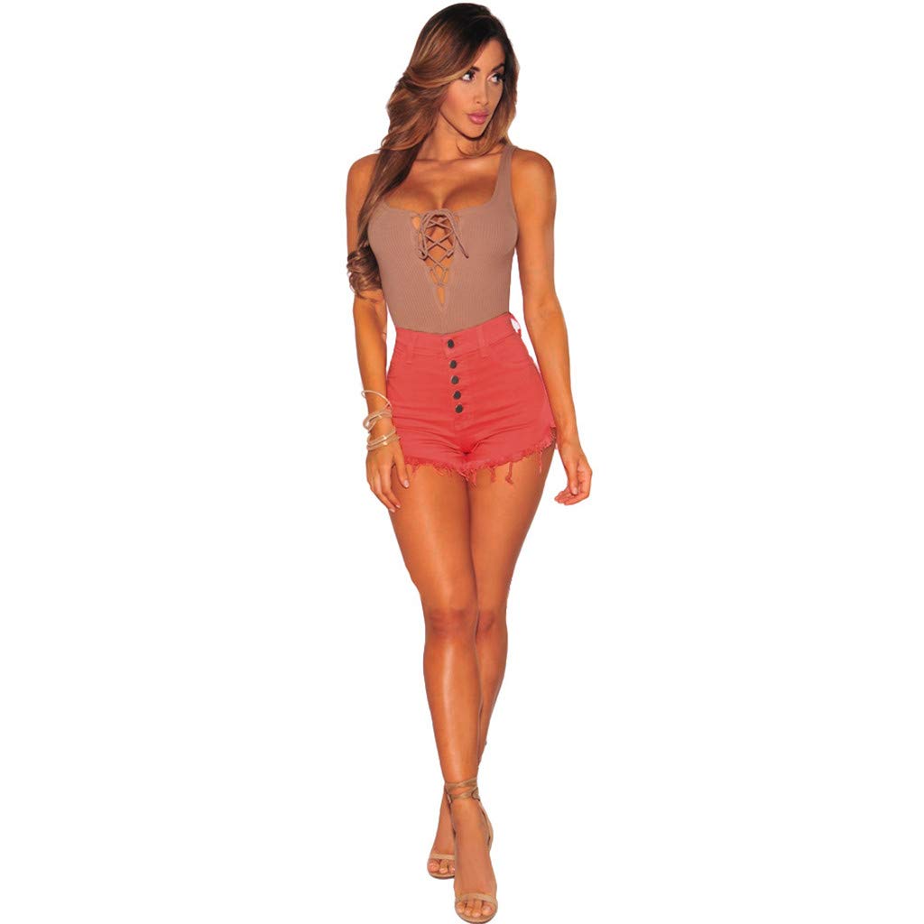 Fashion Slim Shorts,THENLIAN Women Hight Rise Elastic Button Skinny Denim Curvy Stretch Shorts Jeans Pants(L, Red)