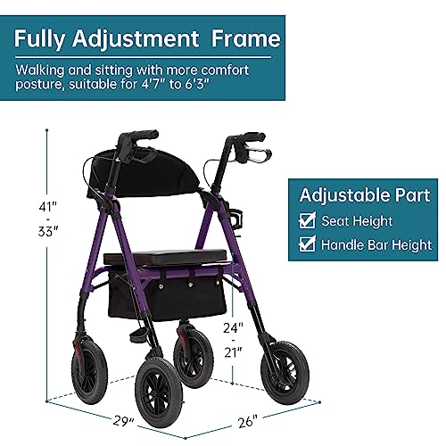 ELENKER All-Terrain Rollator Walker with 10” Non-Pneumatic Wheels, Sponge Padded Seat and Backrest, Fully Adjustment Frame for Seniors, Purple
