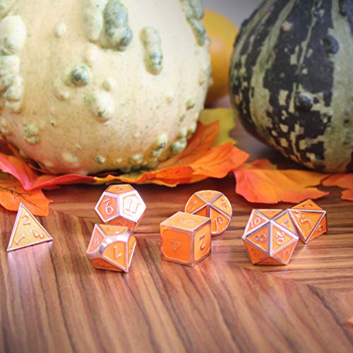 Metal Imperial Dice Set with Display Box | Metal Dice for Tabletop RPG Games Dungeons Dragons (Pumpkin Spice Orange Set)