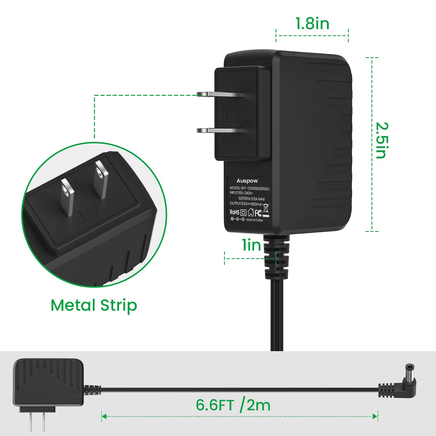 Auspow 9V 850mA Power Supply for Guitar Pedals and AC DC 9V Power Cord, 9V Adapter for BOSS Effects Pedal, Roland Musical Instruments, Distortion, Casio Keyboard, PSA-120, Center Negative