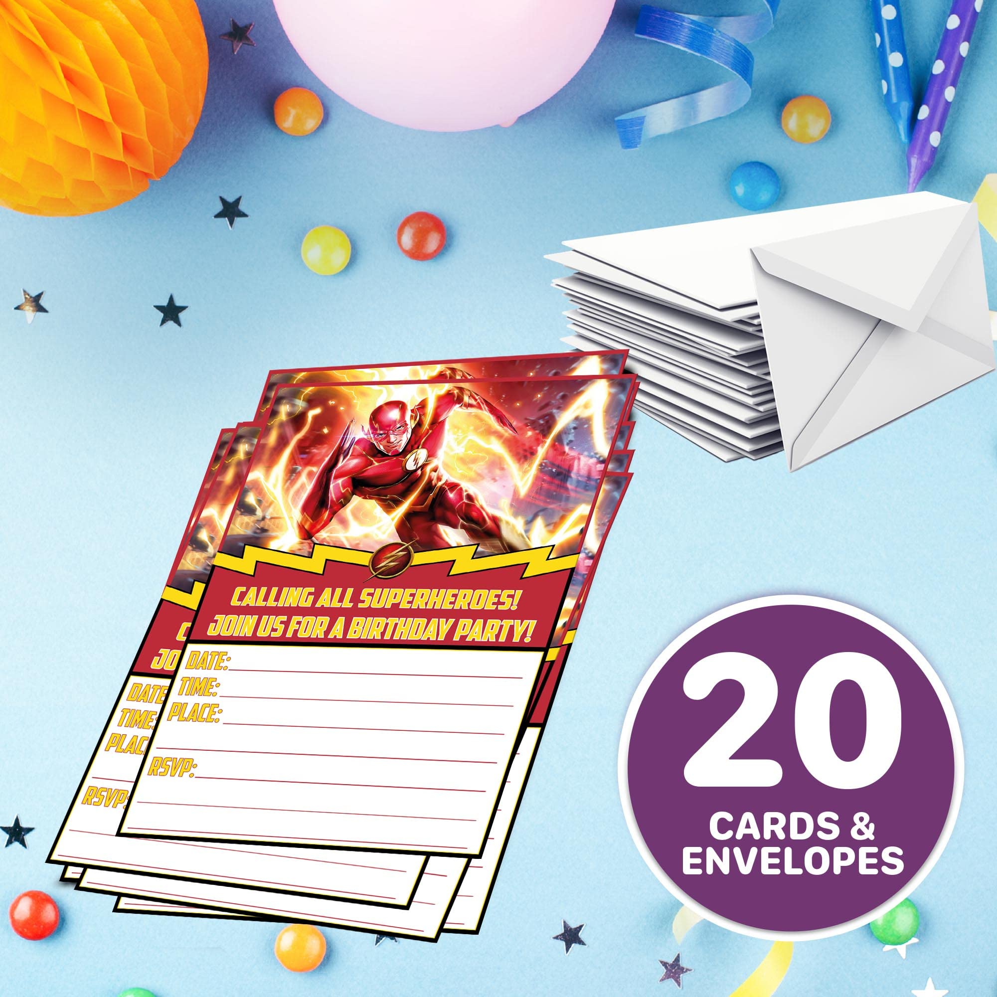 Flash Invitation Cards and Envelopes β 20 Fill-in Invites for Kids Birthday Bash and Theme Party, 10X15 cm, Postcard Style