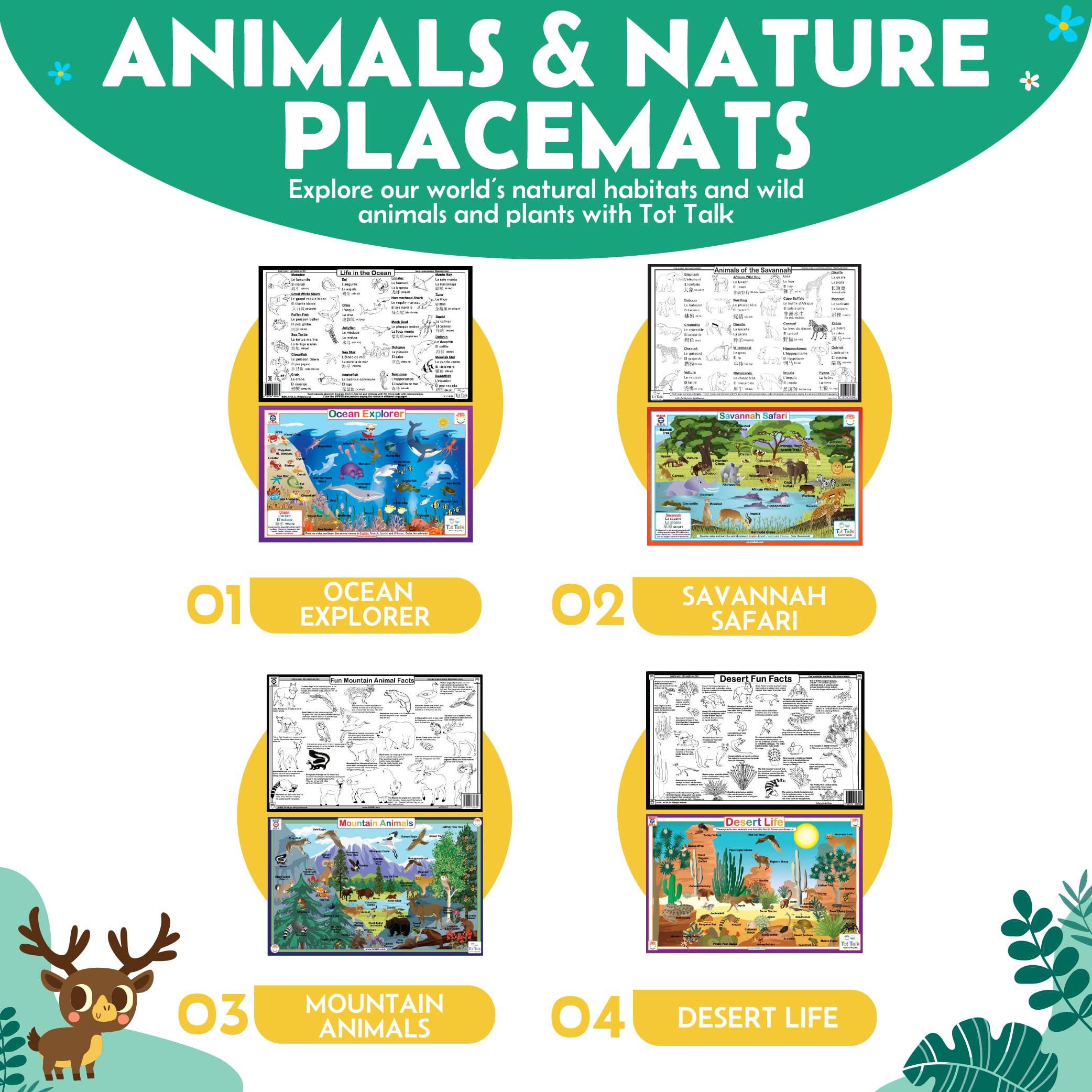 Tot Talk Mountain Animals Educational Placemat for Kids – Made in USA – Durable, Double-Sided, Learning Placemat with Mountain Wildlife & Nature Facts & Coloring– Waterproof, Wipeable, 17.5” x 11.5”