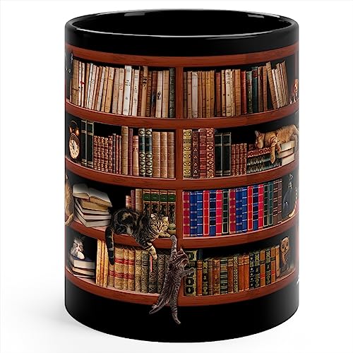 Kovan Library Bookshelf Mug Book Lovers Coffee Mug Library Mug for Cat and Book Lover Book Coffee Mug Book Mug Bookworm Mug Book Club Cup - Gifts for Readers Bookish Black Mug 11Oz With Keychain