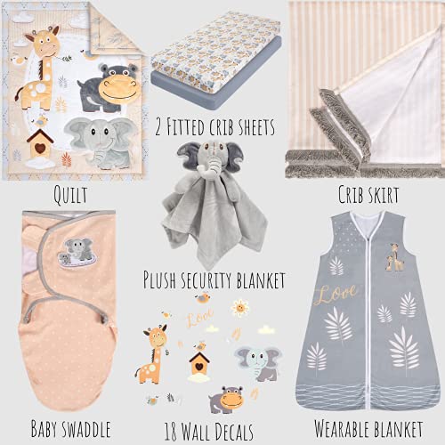 OBERLUX Crib Bedding Set for Boys and Girls, 8 Piece Baby Nursery Bedding Crib Set, Jungle Animal Safari Theme, Gray/Tan/White