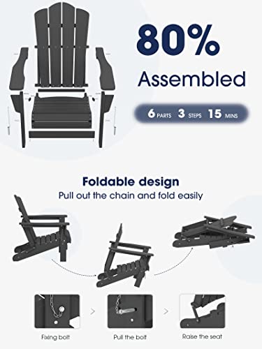 KINGYES Folding Adirondack Chair, HDPE All-Weather Folding Adirondack Chair, Grey
