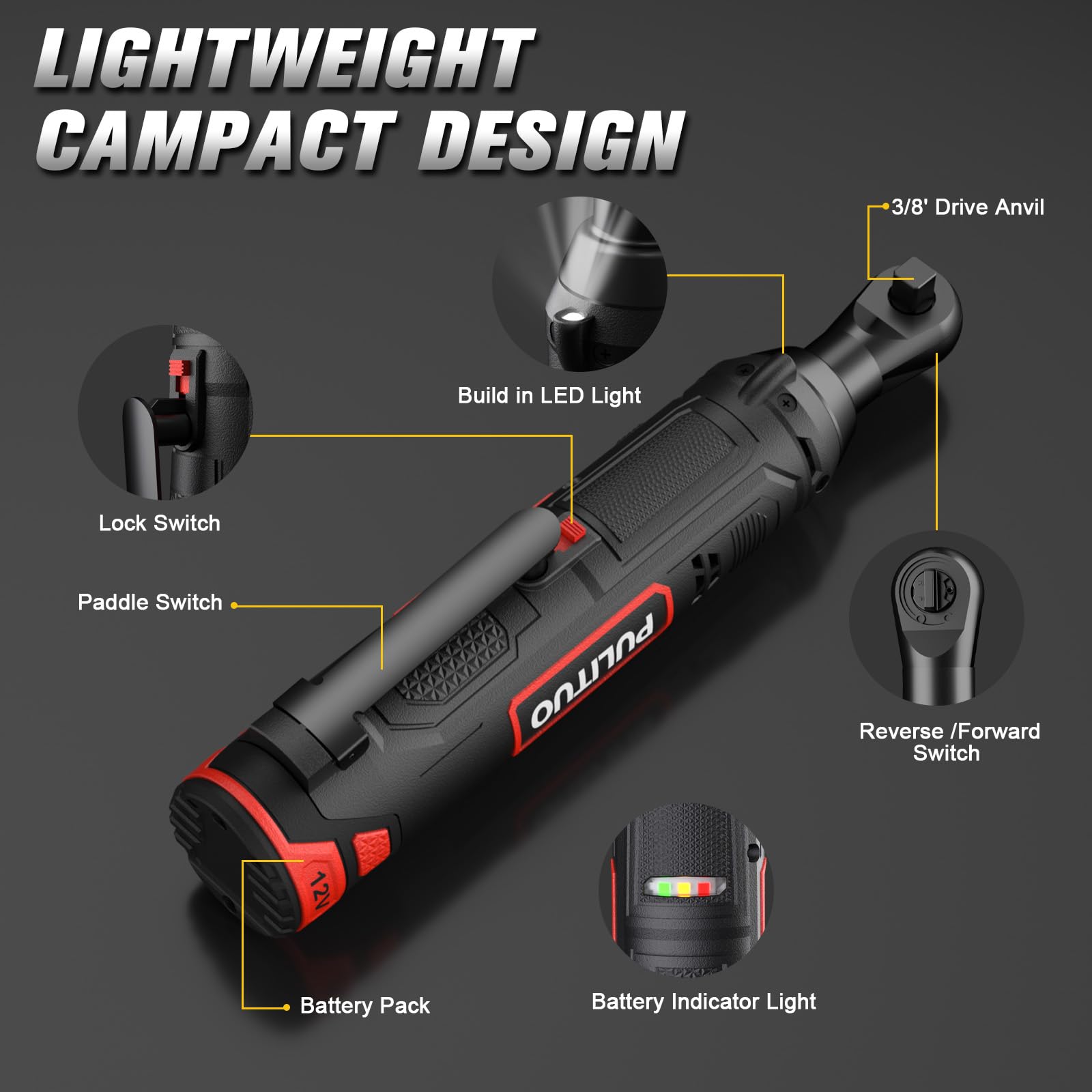 PULITUO Cordless Electric Ratchet Wrench 3/8",12V Power Ratchet Wrench Tool, 40 Ft.Lbs, 300RPM, Power Ratchet Driver, Include Lithium-Ion Battery and Charger