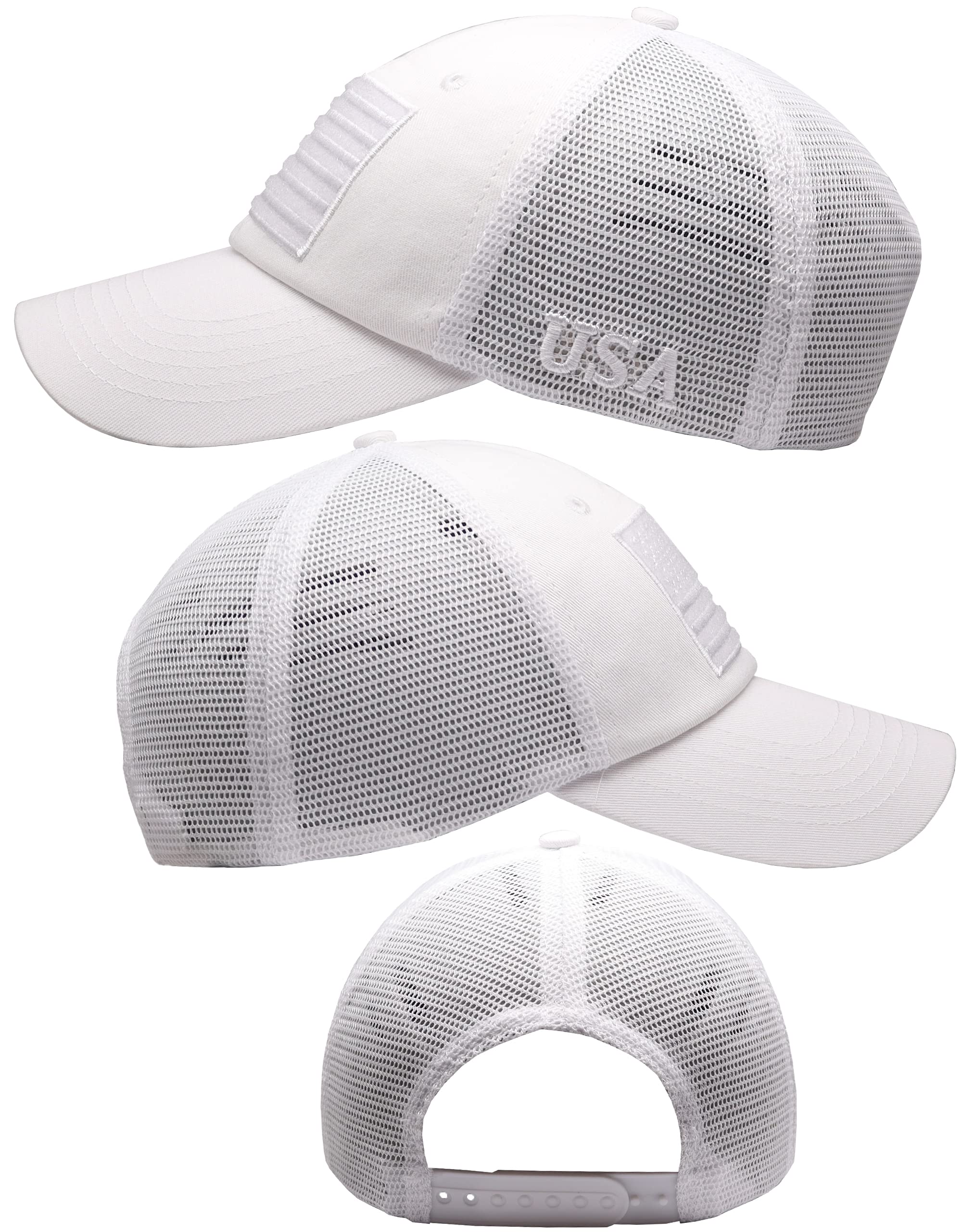 Antourage American Flag Unconstructed Hat for Men and Women Twill Mesh Snapback Baseball USA Flag Cap + 2 Patriotic Patches ((16) White Classic Mesh Snapback)