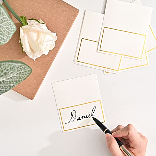 KraftiSky 100 Pack Place Cards for Table Setting with Gold Foil Border Table Tent Cards for Seating Perfect for Weddings, Dinner Parties, Banquets 2β x 3.5β