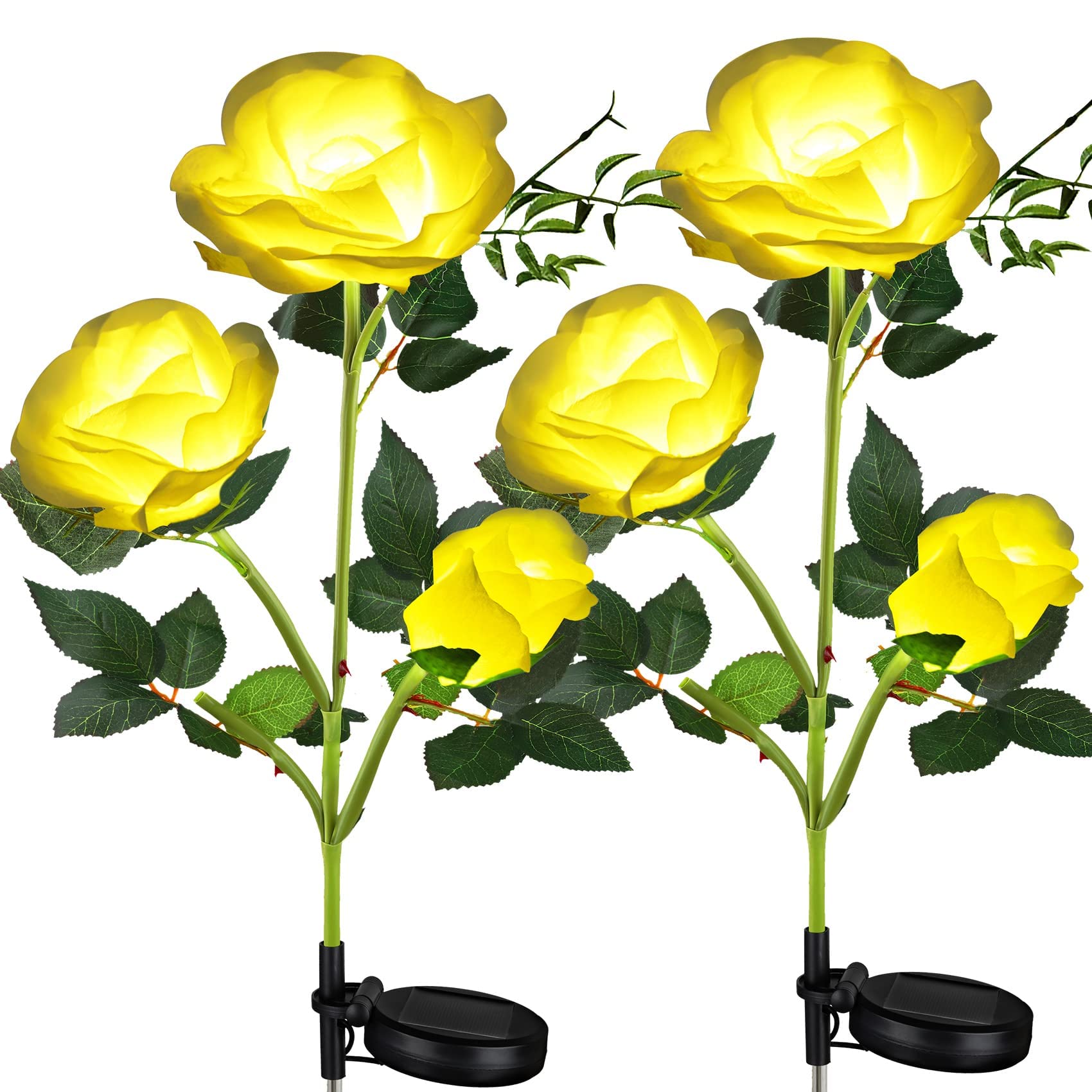 JJGoo 2 Pack Solar Garden Lights, Waterproof Rose Flowers Stake for Outdoor Patio Decorative - Yellow