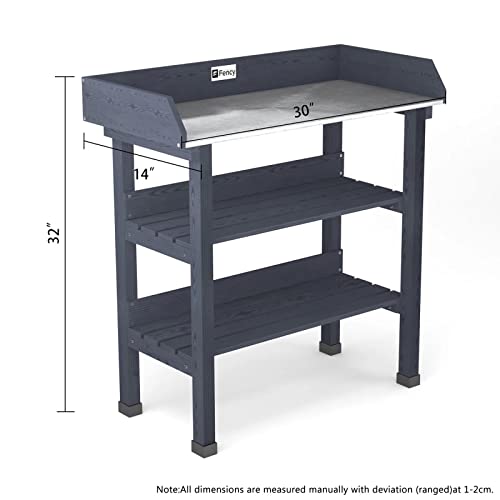Elevens Potting Bench Tables Outdoor, Potting Table Garden Work Station Metal Tabletop Solid Wood Planting Bench with 2 Tier Storage Open Shelf (4 Feet/Grey)