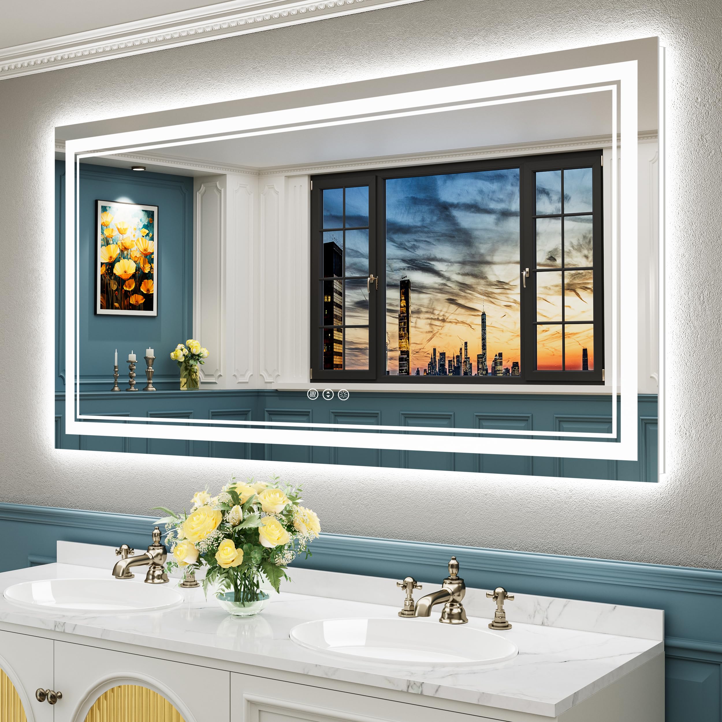 AWANDEE 55x30 LED Bathroom Mirror with Lights, Backlit + Front Lit, Anti-Fog Lighted Vanity Mirror for Bathroom Wall, Dimmable LED Vanity Mirror with 3 Colors, Memory, Waterproof, Horizontal/Vertical