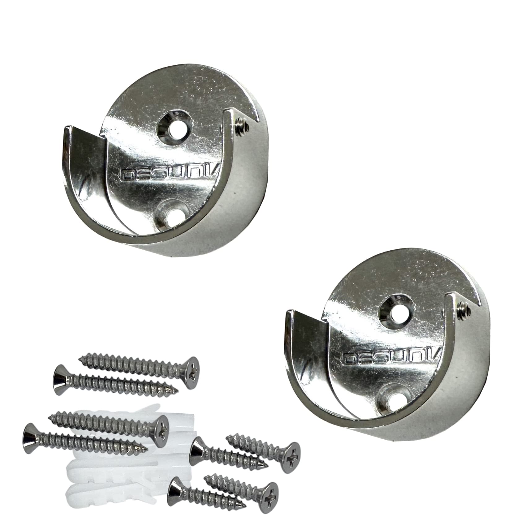 Desunia Closet Rod Support Flanges with Screw On Attachment | Heavy Duty Clothes Pole End Sockets for Wardrobes |Polished Chrome | 2 Pack
