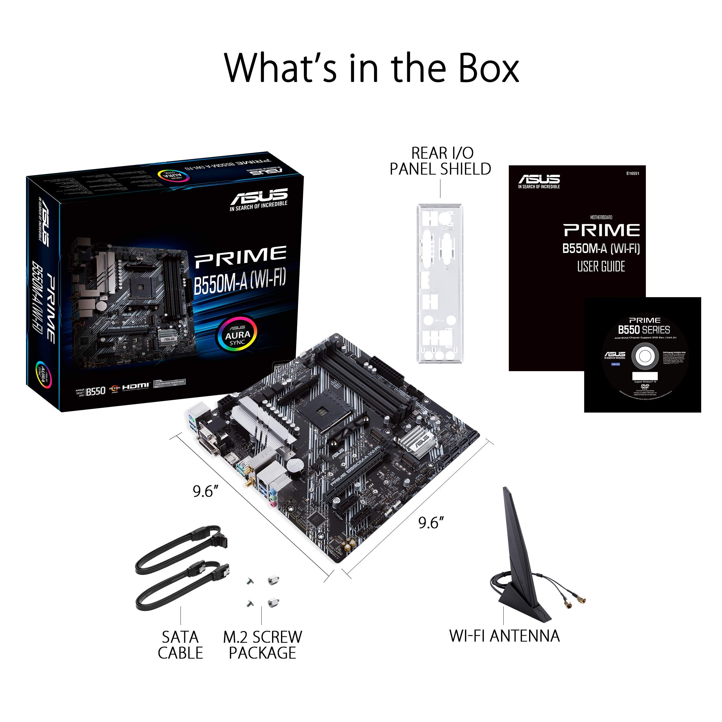 ASUS Prime B550M-A WiFi AMD AM4 Zen 3 Ryzen 5000 & 3rd Gen Ryzen Micro ATX Motherboard (PCIe 4.0, WiFi 6, ECC Memory, 1Gb LAN, HDMI 2.1/D-Sub, 4K@60HZ, Addressable Gen 2 RGB Header and Aura Sync)