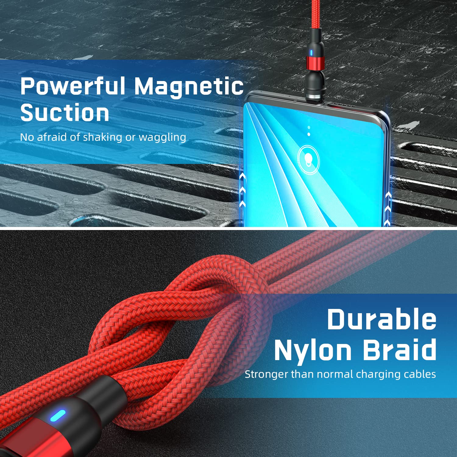 Bojianxin Magnetic Charging Cable(7-Pack, 1.6ft/3.3ft/3.3ft/6.6ft/6.6ft/10ft/10ft) 540° Rotation Magnetic USB Cable, 3 in 1 Magnetic Phone Charger with LED Light Compatible with Micro USB, Type C