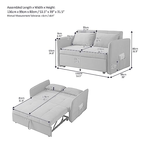 COULDWILL Convertible Sleeper Sofa Bed 3 in 1 Loveseat Couch Linen Small Sofa with Pull-Out Bed, Adjustable Backrest and Side Pockets for Living Room, Bedroom, Studio(Grey)