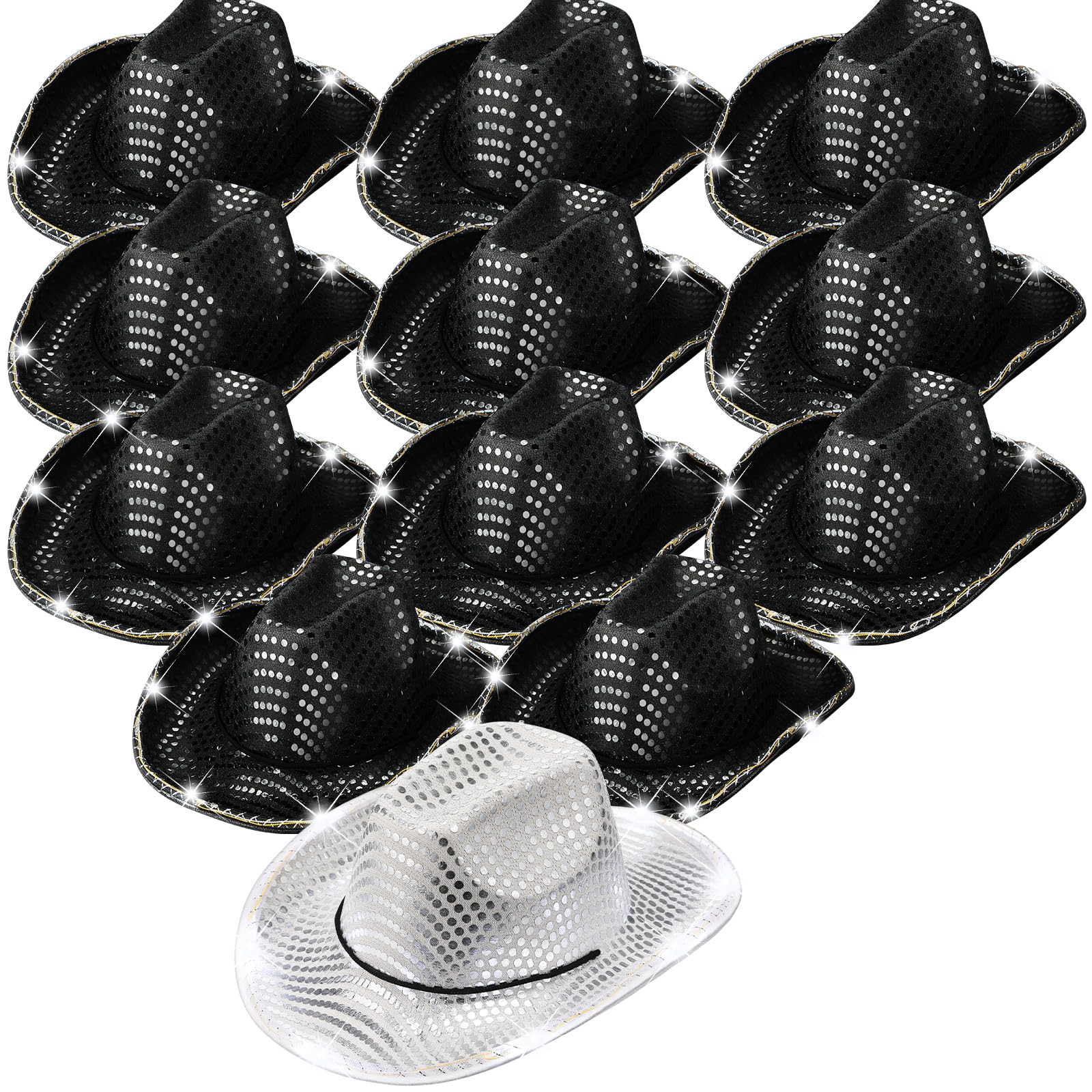 Bokon 12 Pcs Lighted Hat Bulk LED Flashing Bride Hat for Wedding Western Bridal Shower Decoration(Black, Silver,Classic Style)