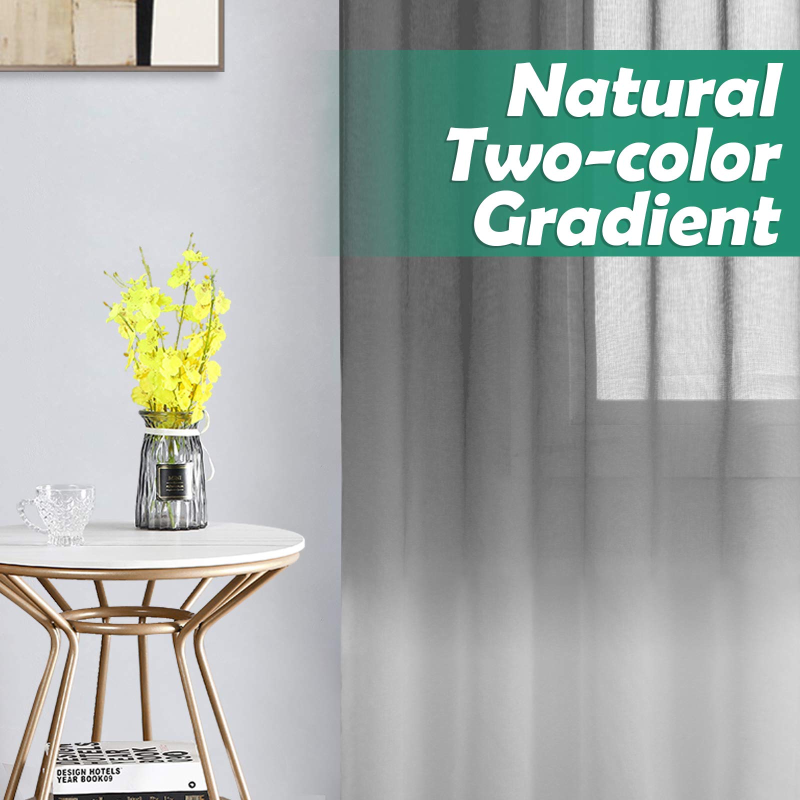 BGment Faux Linen Ombre Sheer Window Curtains for Living Room, Grommet Linear Gradient Light Filtering Semi Voile Sheer Curtain Panels for Kids Room, Set 2 Panels (Each 52 x 72 Inch, Grey)