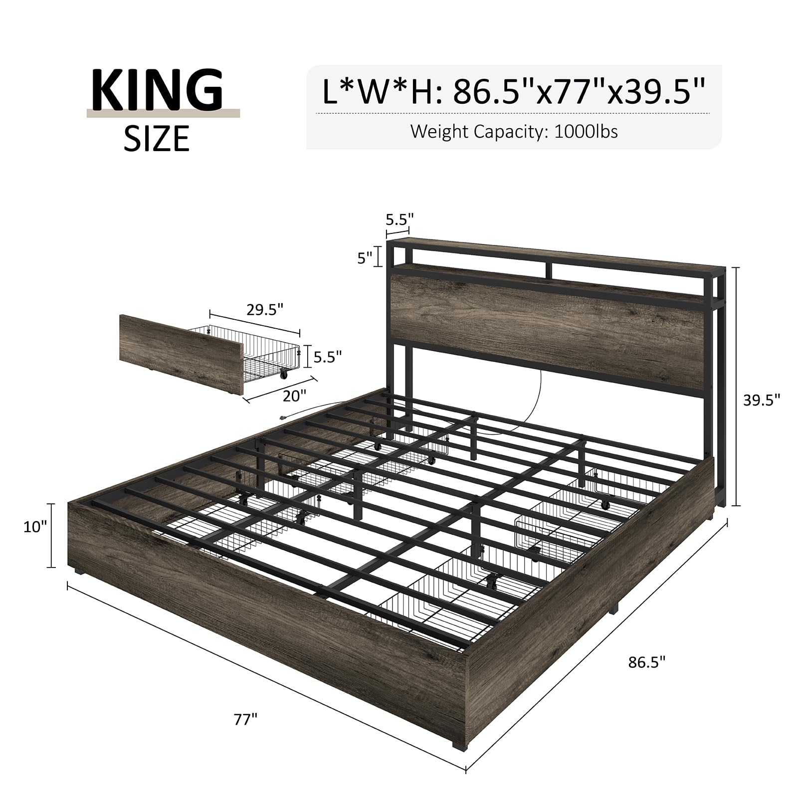 AMERLIFE King Size Storage Bed Frame, Wooden Platform Bed with Charging Station, 4 Drawers & Headboard/No Box Spring Needed/Noise-Free/Rustic Grey