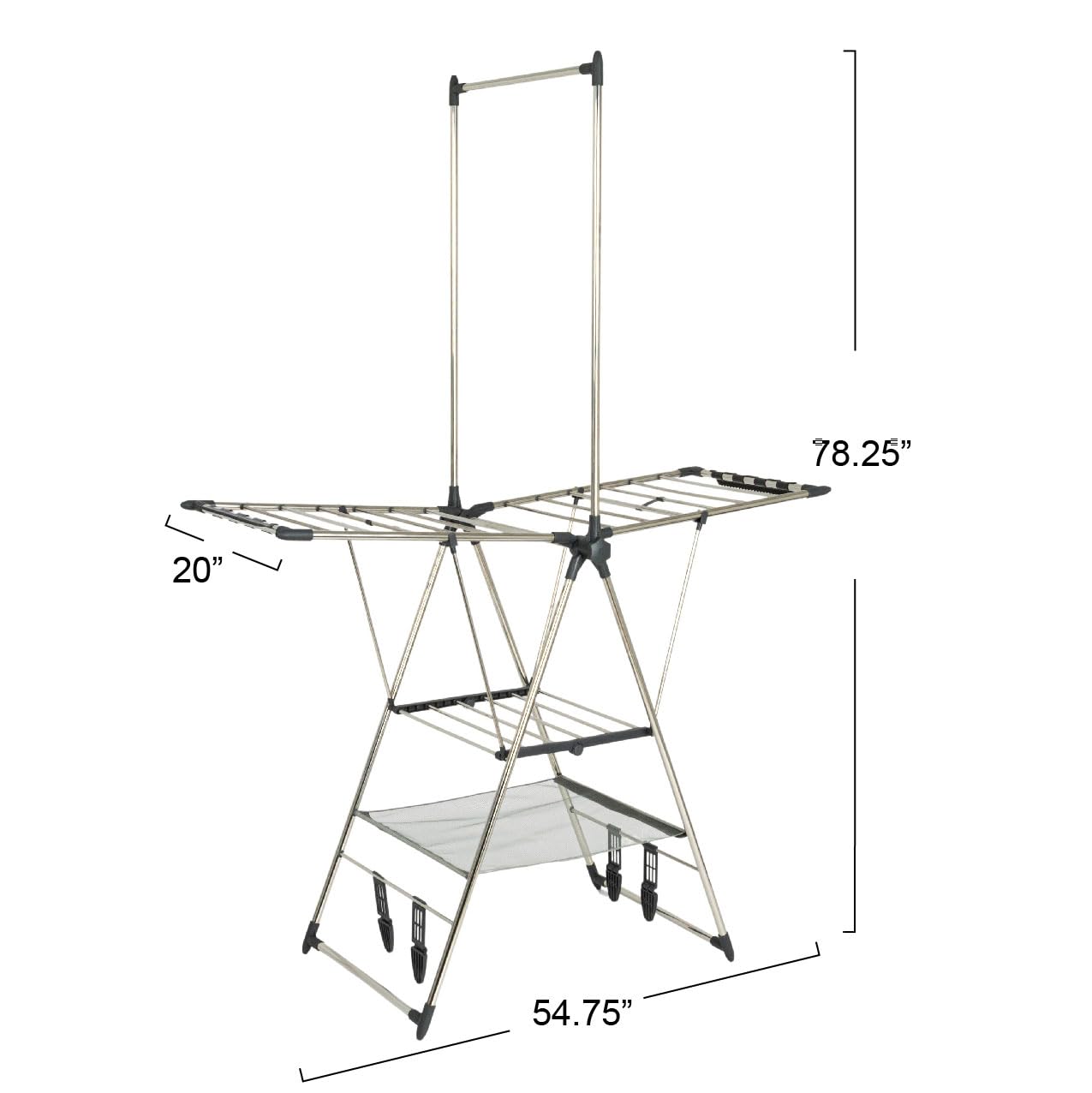 Household Essentials Multi Tier Stainless Steel Laundry Drying Rack with T Bar and Two Side Wings, Silver
