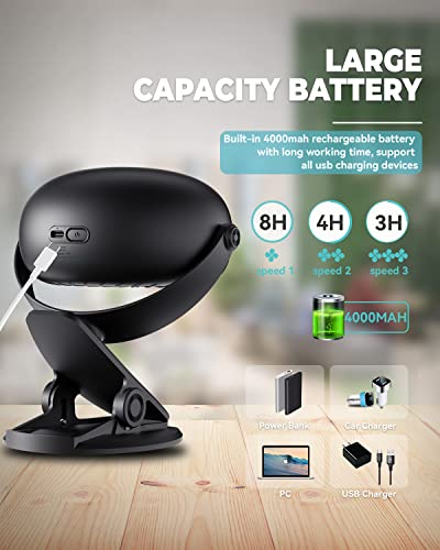 Kaylocheer Clip On Fan, Baby Stroller Fan, 4000mAh, 360° Rotation, Cool & Quiet, 3 Speeds, USB Charging, Convenient Travel Tool.(natural black)