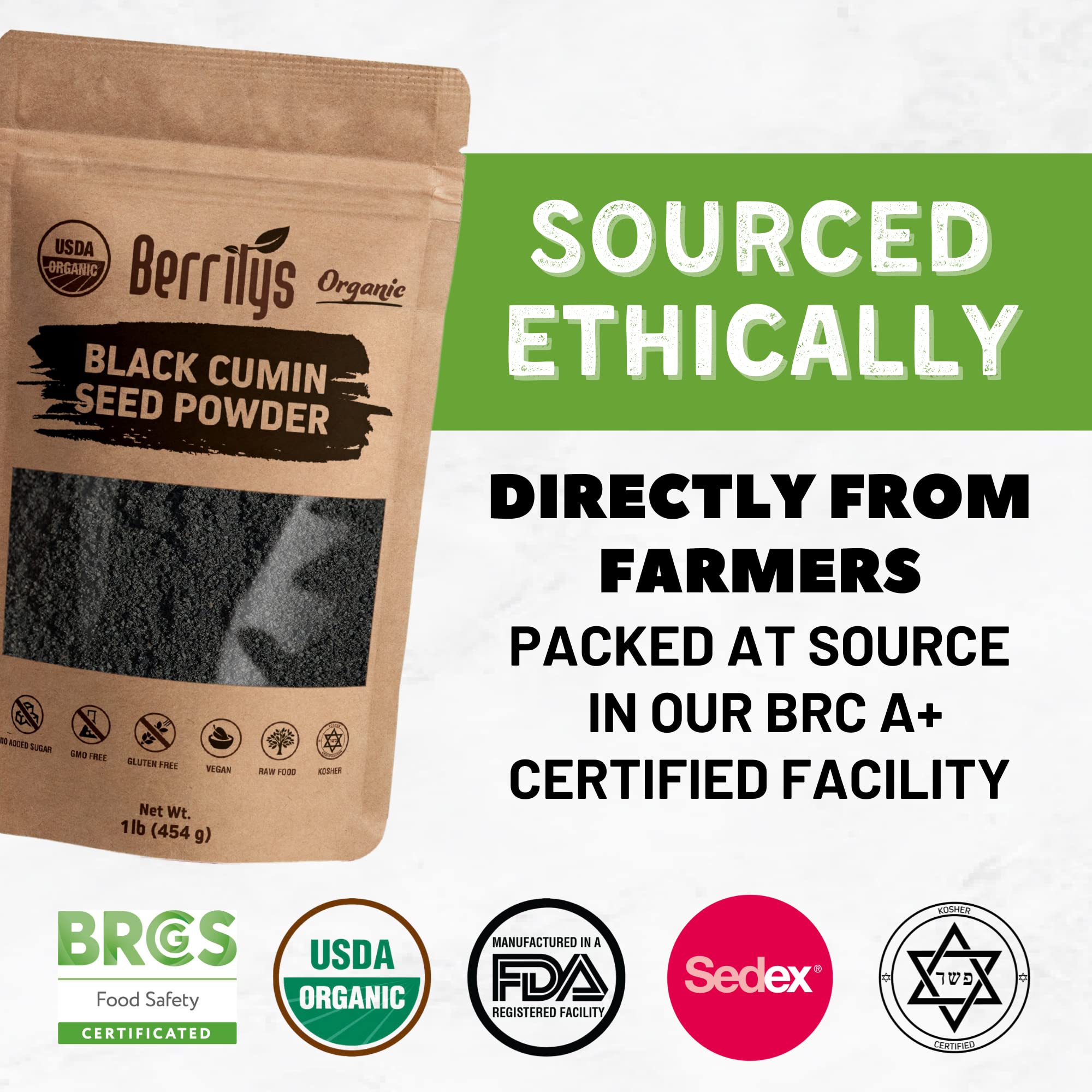 Berrilys Organic Black Seed Powder, Ground, 16 Ounces, Also Known As Nigella Sativa, Kalonji, Black Cumin Seed, Great for Baking and Bread Making