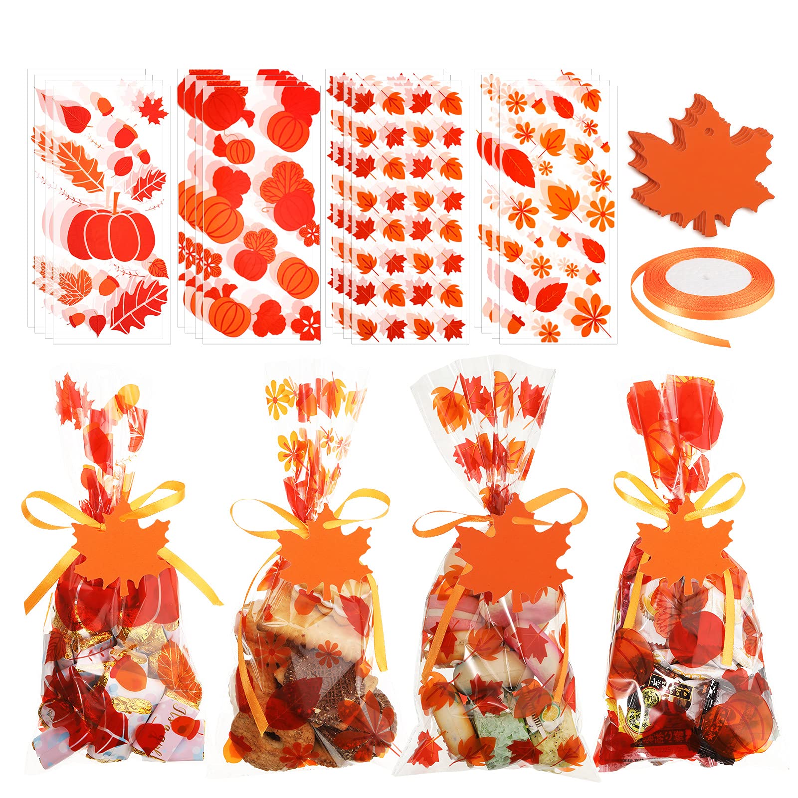 Chinco 240 Pcs Fall Cellophane Treat Bags Thanksgiving Cellophane Candy Bags Bulk Leaves Goodie Gift Bags Autumn Cello Treat Bags with Fall Maple Leaf Tags for Fall Autumn Thanksgiving Party Supplies