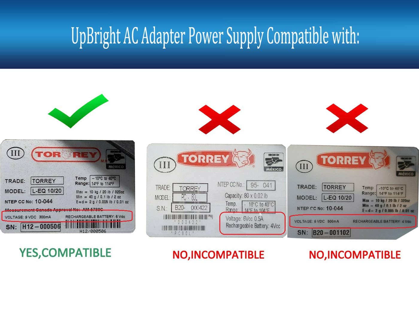 UpBright 9V AC Adapter Compatible with Torrey Tor Rey LPC-40L PC-40L PC-80L PC80L LEQ 5/10 L-EQ 10/20 LEQ5 LEQ10 PC L-PC SR EQB LEQ EQM WI Series Scale Balance 43237-2 9VDC 300mA Power Supply Charger
