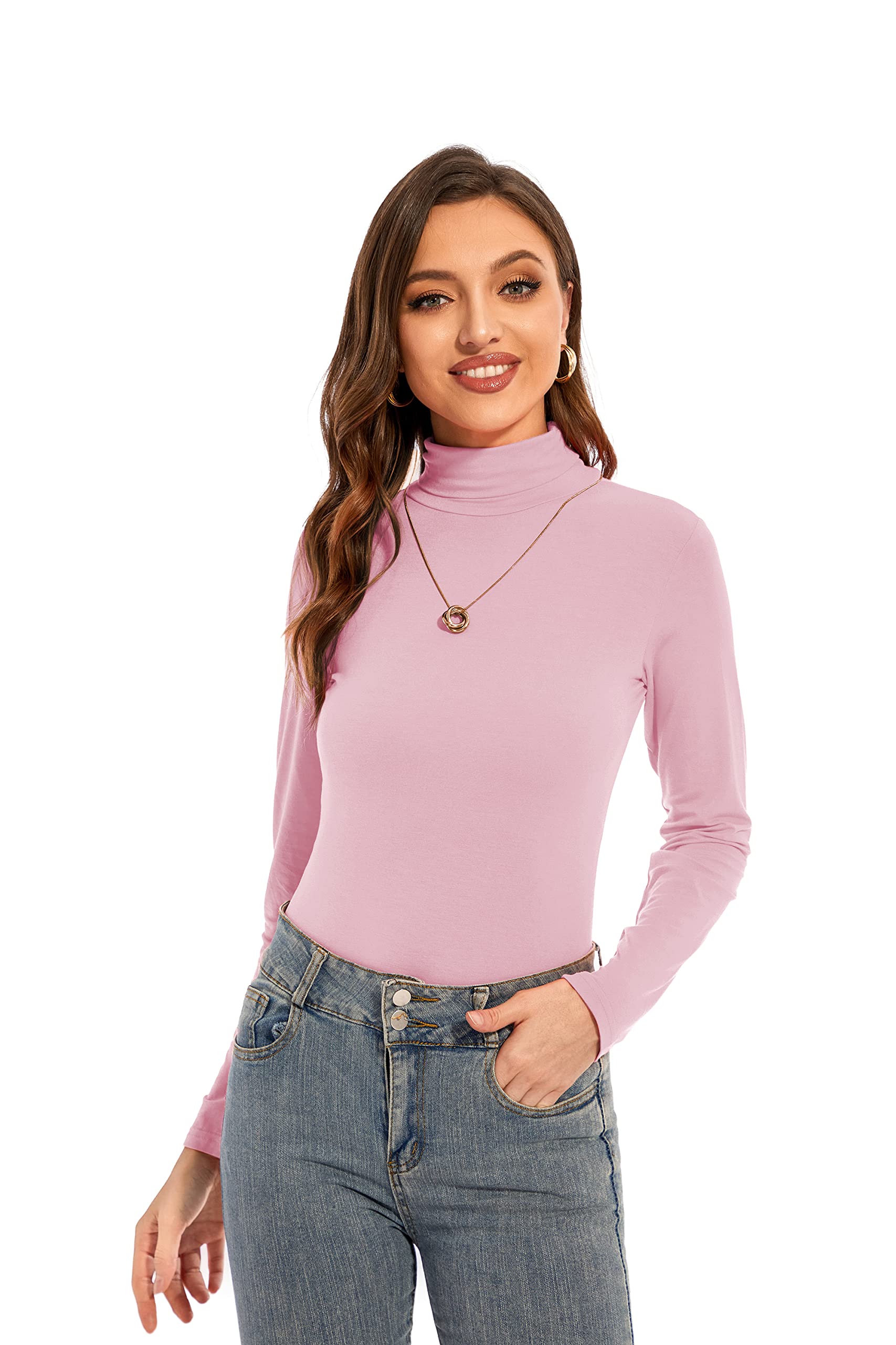 Anyeager Pink Thermal Long Sleeve Women Mock Turtleneck Stretch Slim T Shirt Layer Top for Women Pink X-Large