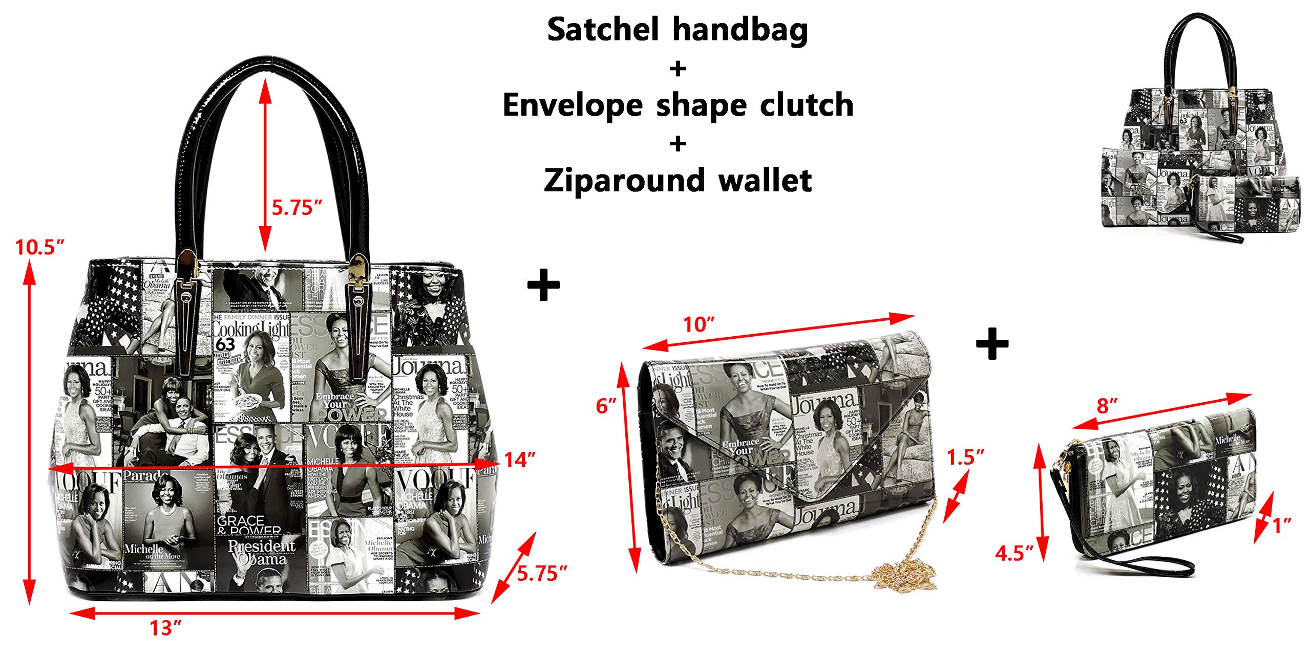 JUNZUP Glossy Magazine Cover Collage Michelle Obama Printed Satchel Bag + Envelope Clutch + Wallet 3pcs Set (Grey/Bk)