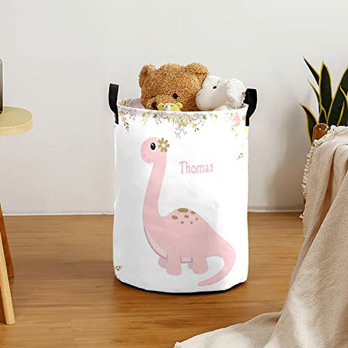 Pink Floral Girl Dinosaur Personalized Laundry Hamper ,Custom Name Collapsible Waterproof Laundry Basket Storage Bins with Handle for Clothes,Toy,Nursery