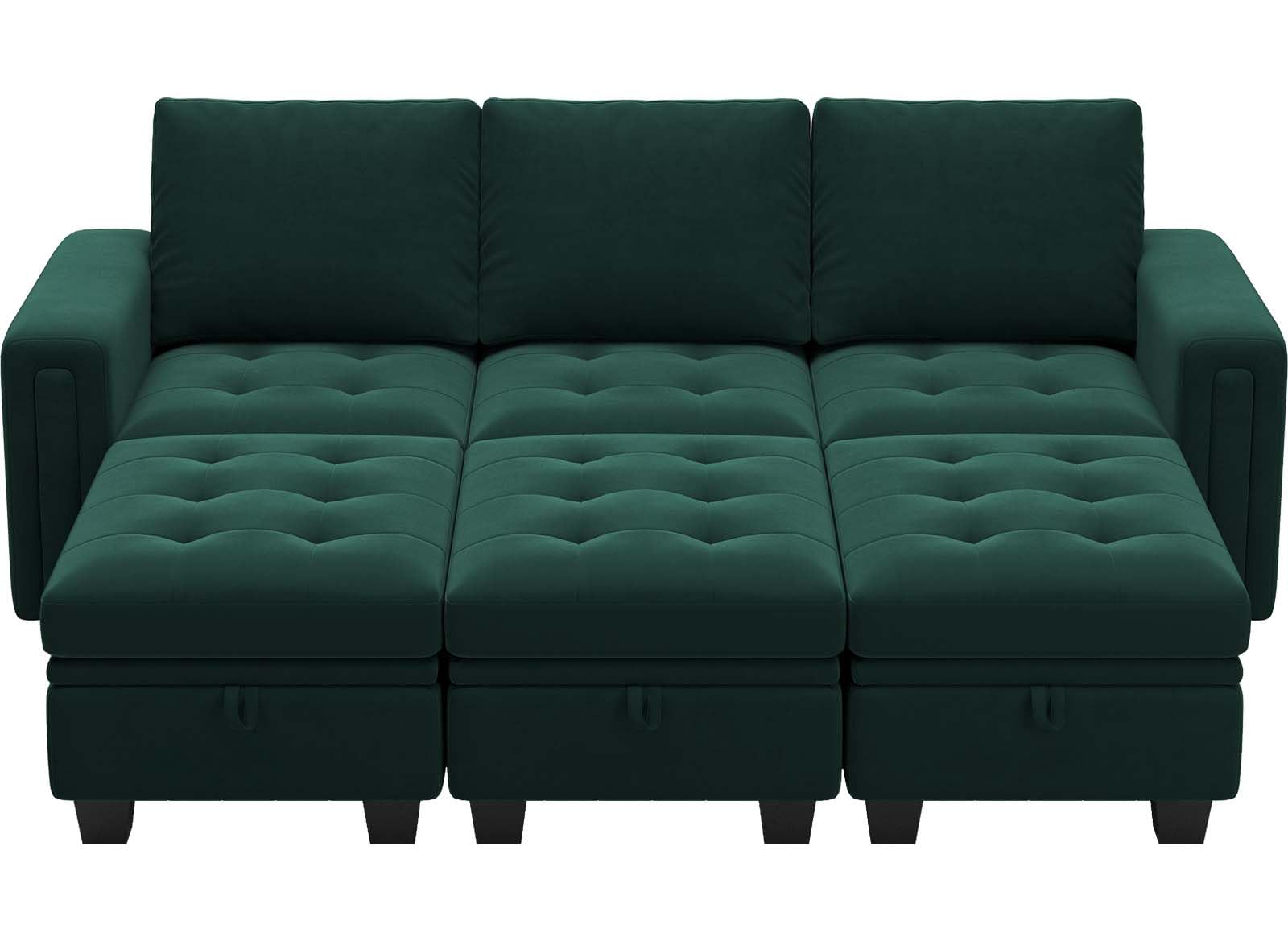 Belffin Green Velvet L-Shape Modular Convertible Sofa Bed with Storage, 83.4x62.2x35.8 inches, 6 Pieces, Medium Firmness