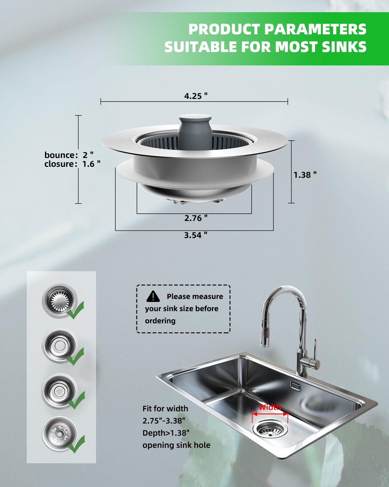 Hibbent Universal 3 in 1 Metal Kitchen Sink Drain Strainer, Upgraded Stainless Steel Drain Stopper Combo, Pop Up Sink Stopper, Anti-Clogging Basket Strainer with Handle for US Standard 3-1/2" Drain