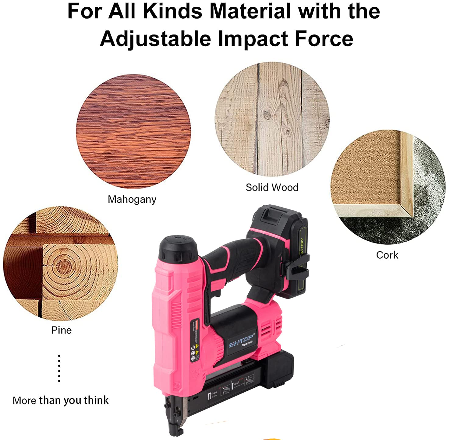 BHTOP 20V Cordless Brad Nailer&Stapler, 18 Gauge 2 in 1 Stapler Kit, Heavy Finish Nail Gun with 2.0A Rechargeable Battery, Charger, 2500 Brad Nails and 500 Staples in Pink