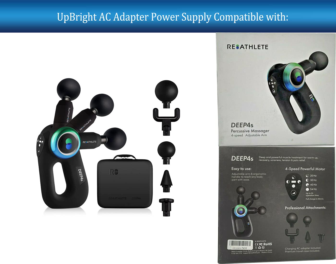 UpBright AC/DC Adapter Compatible with REATHLETE DEEP4S PRO Percussive Massager Therapy Deep Tissue Device Percussion Massage Gun DEEP4s-U-A DEEP4s-U-B DEEP4s-U-C ZESO Power Supply Battery Charger PSU