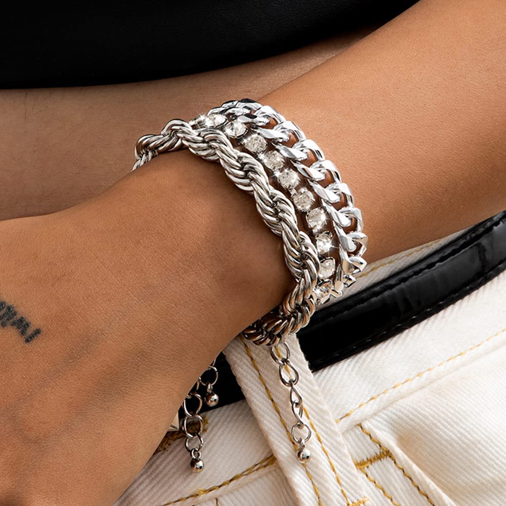 Octwine Fashion Rhinestones Bracelets Sets for Women Gold Silver Layered Chunky Pendant Charms Chain Stackable Wrap Bangle Adjustable Bracelet Jewelry Accessories for Women