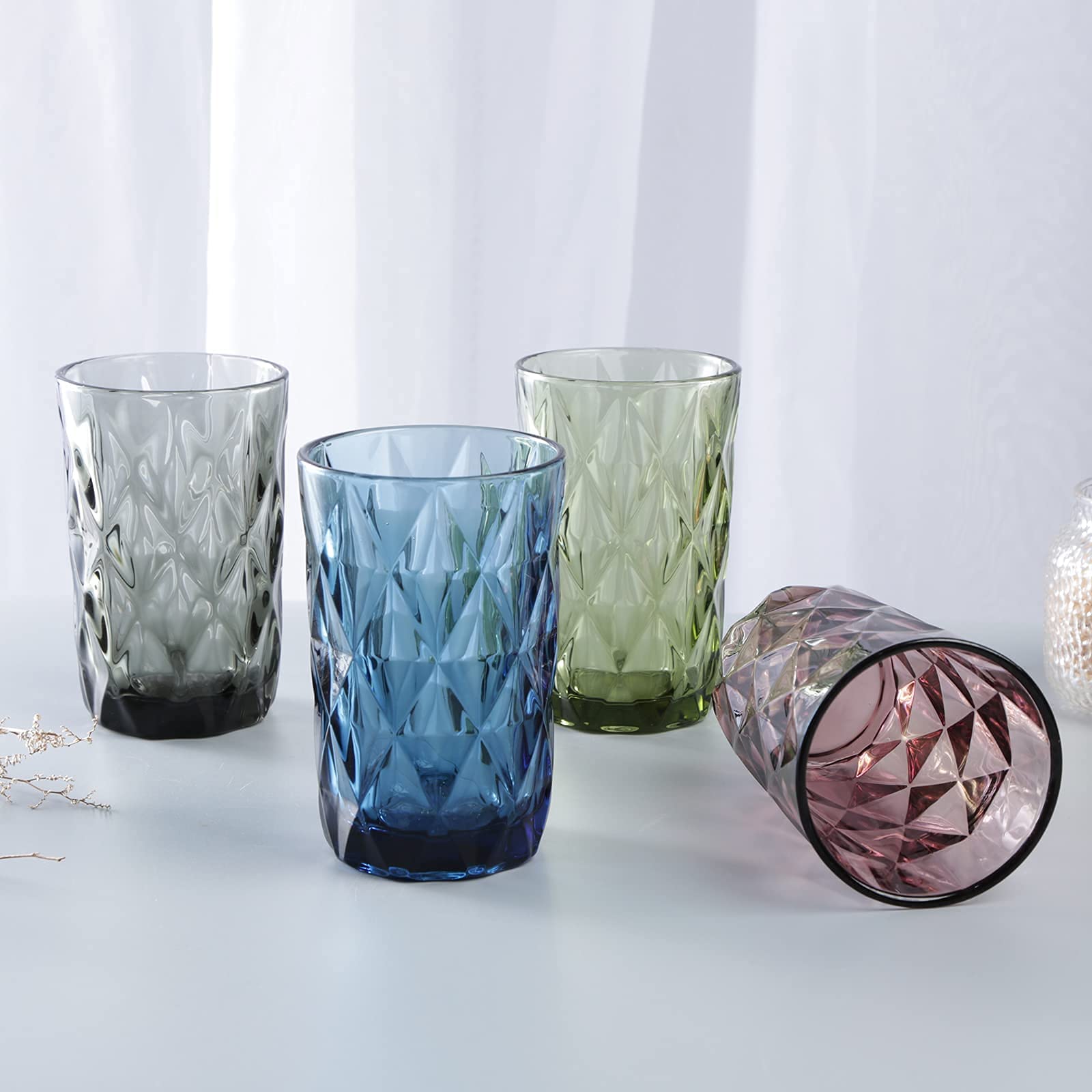 Bandesun Drinking Glass set of 6 Modern Glassware Diamond Pattern Tumbler Cup(12 OZ),for Water,Cocktail,Milk,Juice and Beverage