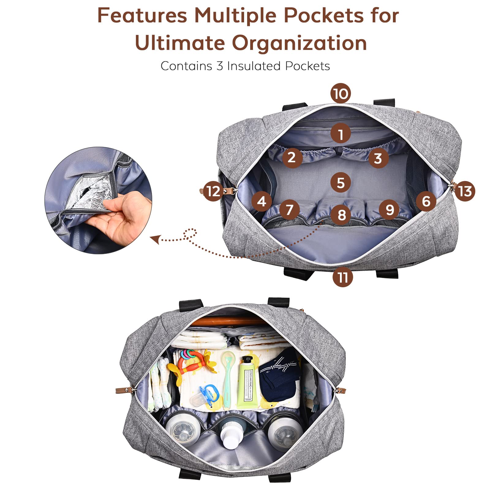 Dikaslon Diaper Bag Tote with 2 Pack Stroller Hooks, Pacifier Case and Changing Pad, Large Travel Diaper Tote for Mom and Dad, Multifunction Baby Bag for Boys and Girls