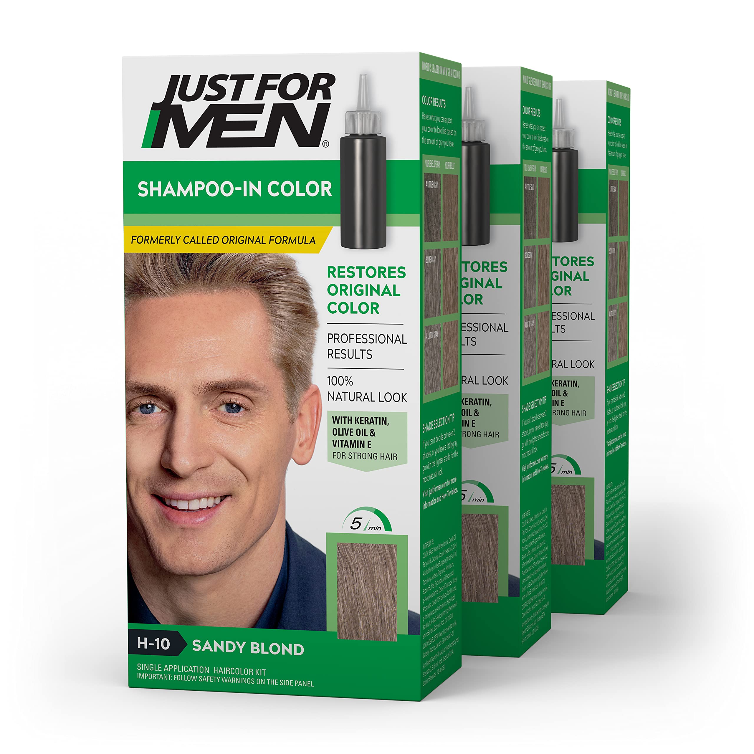 Just For Men Shampoo In Color, Hair Color for Men with Keratin and Vitamin E for Stronger Hair, Restores Natural Hair Color, Sandy Blond, H-10, Pack of 3