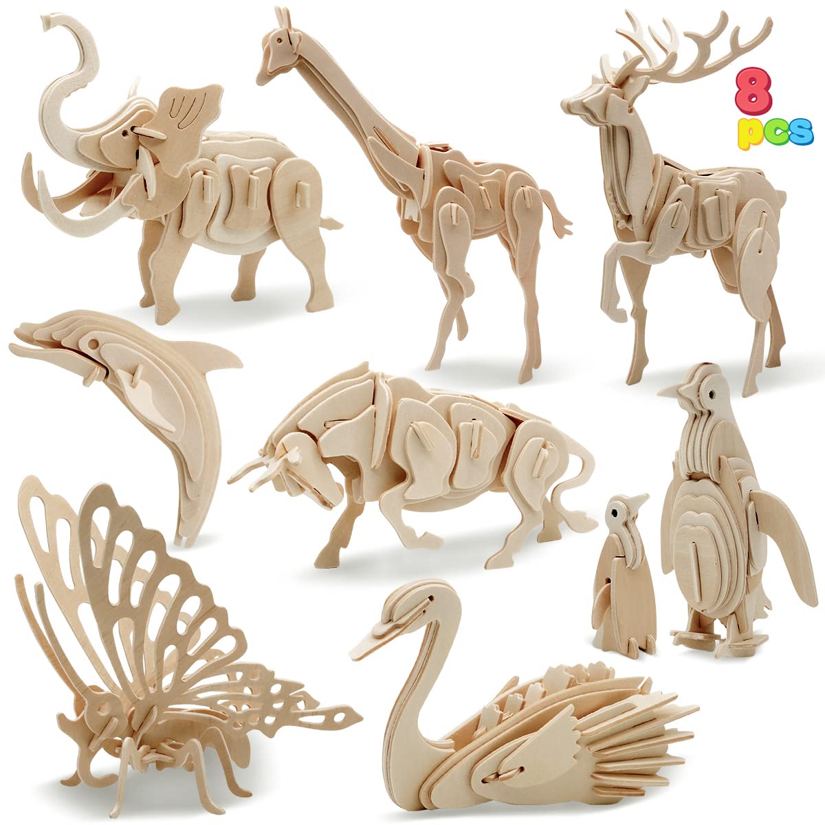 JOYIN 8 Pcs DIY Kids 3D Wooden Puzzles, Animals Brain Teaser Puzzles, Kids Arts and Crafts, Indoor Activity, Non-Toxic Plywood with Grooved Edges, Christmas Fun Gifts Classroom Prize