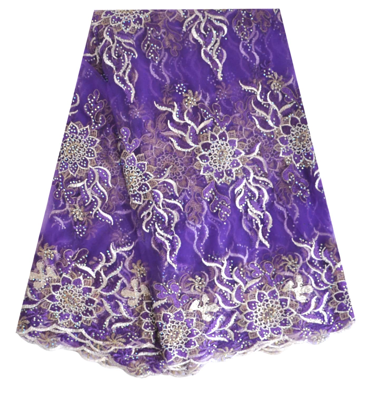 SanVera17 African Lace Net Fabrics Nigerian Embroidered Sparkling Stone French Fabric for Party Dress (Purple) 5 Yards 269-6